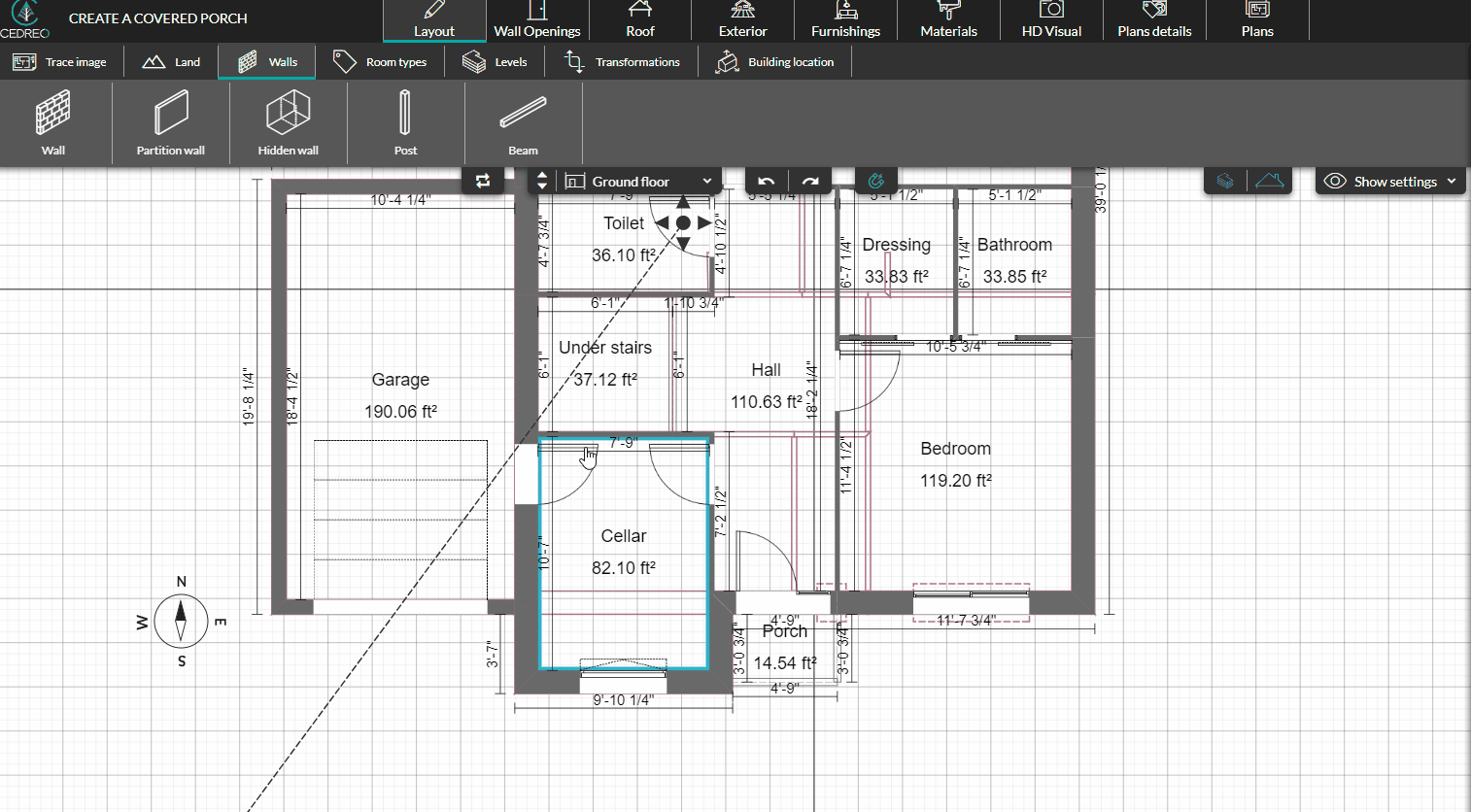 Create a covered porch in Cedreo