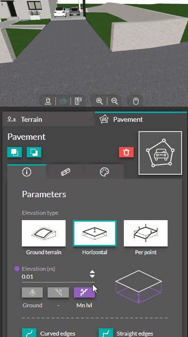 Draw exterior spaces (pavement, patio, softscape, other space) Terrain ...