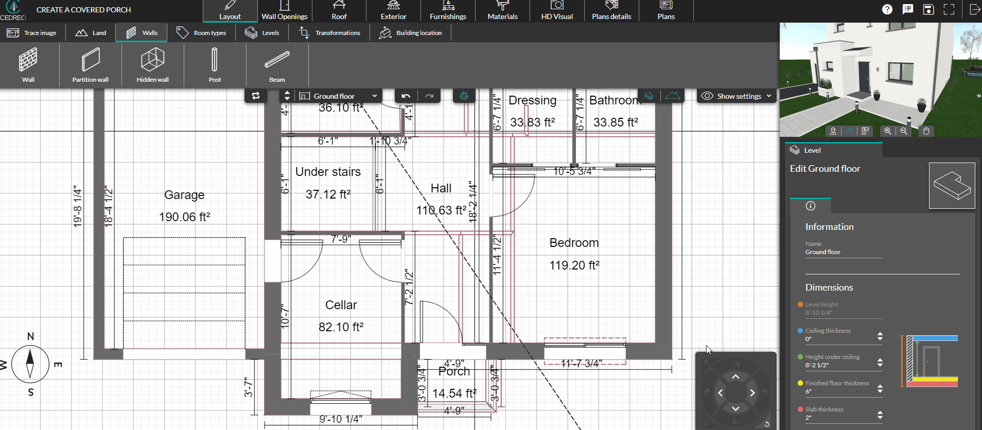 Create a covered porch in Cedreo